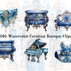 105 PNG Blue Baroque Rococo Watercolor Clipart: Baroque Cerulean Clipart Bundle Commercial Use ...