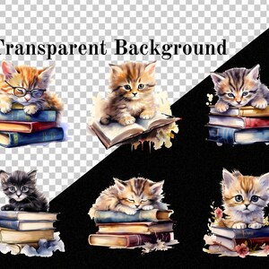 33 PNG Adorable Kitten Watercolor Booklover Clipart Bundle, Reading ...