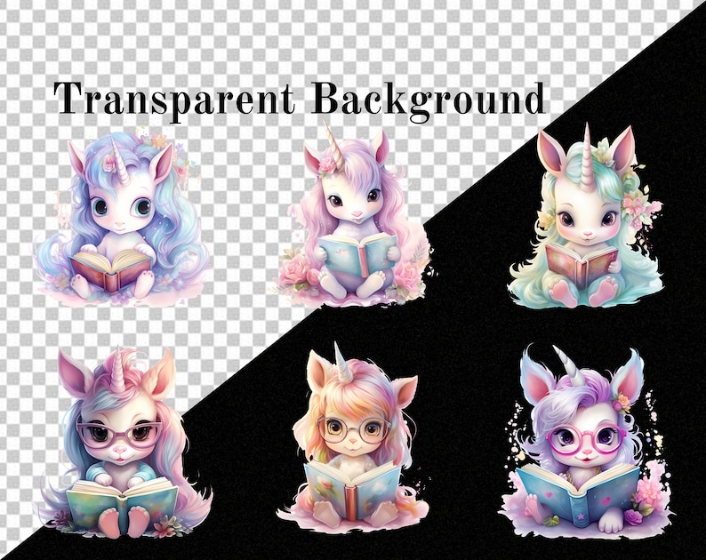17 PNG Baby Unicorn Watercolor Booklover Clipart Bundle, Reading ...