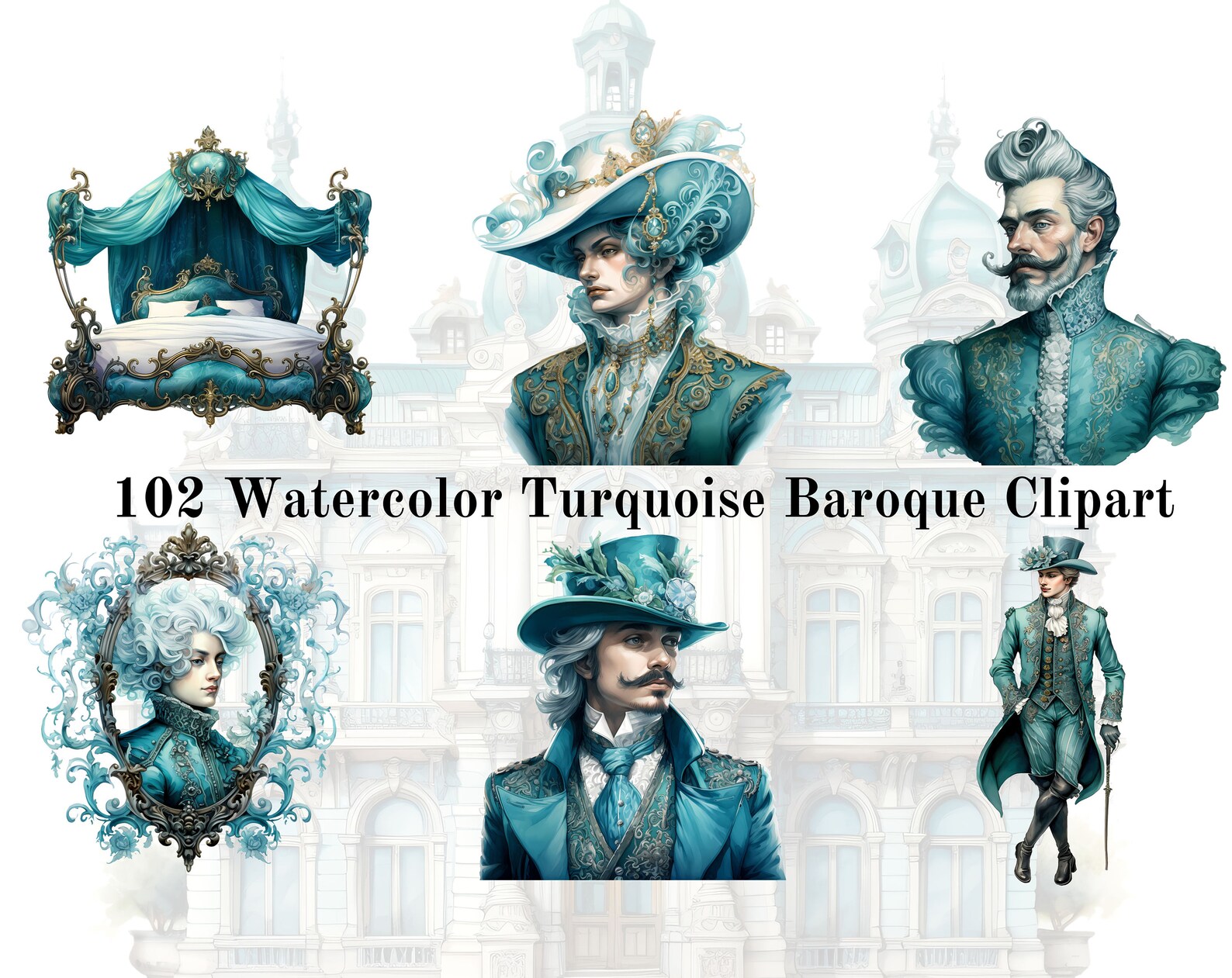 102 PNG Turquoise Baroque Rococo Watercolor Clipart: Baroque Blue ...