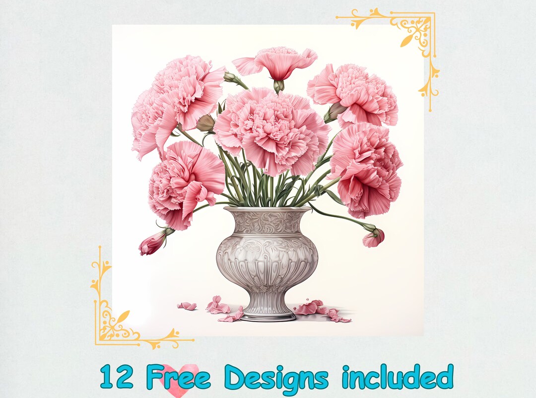 Pink Carnation in Vase Watercolor Clipart Bundle 19 High Quality JPG ...