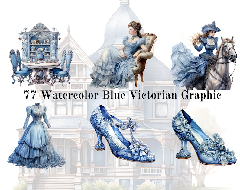 Blue Victorian Watercolor Clipart Bundle 77 PNG Transparent - Etsy
