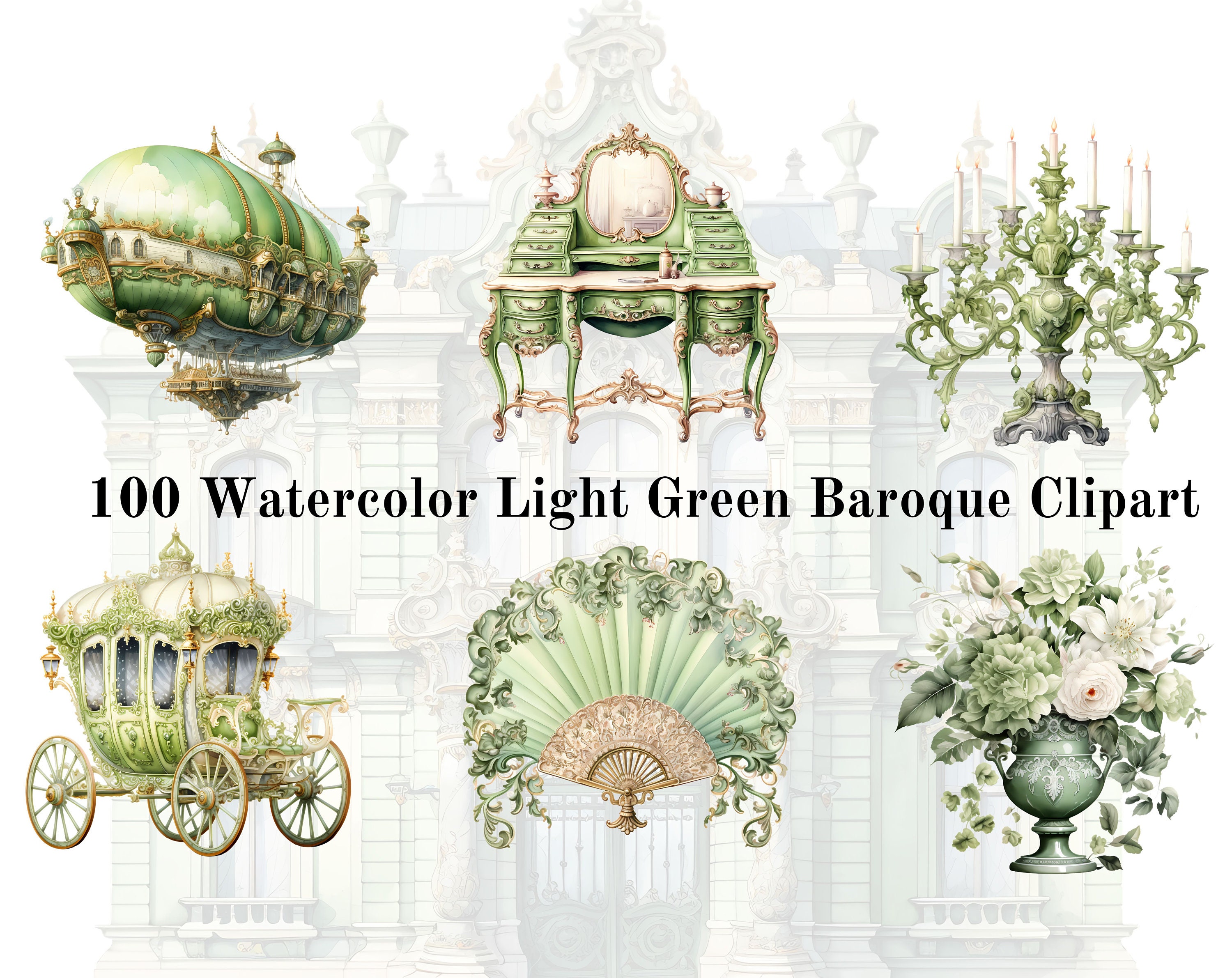 100 PNG Light Green Baroque Rococo Watercolor Clipart: Baroque Vintage ...