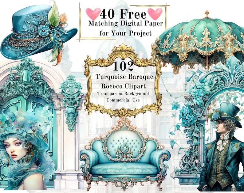 102 PNG Turquoise Baroque Rococo Watercolor Clipart: Baroque Blue ...