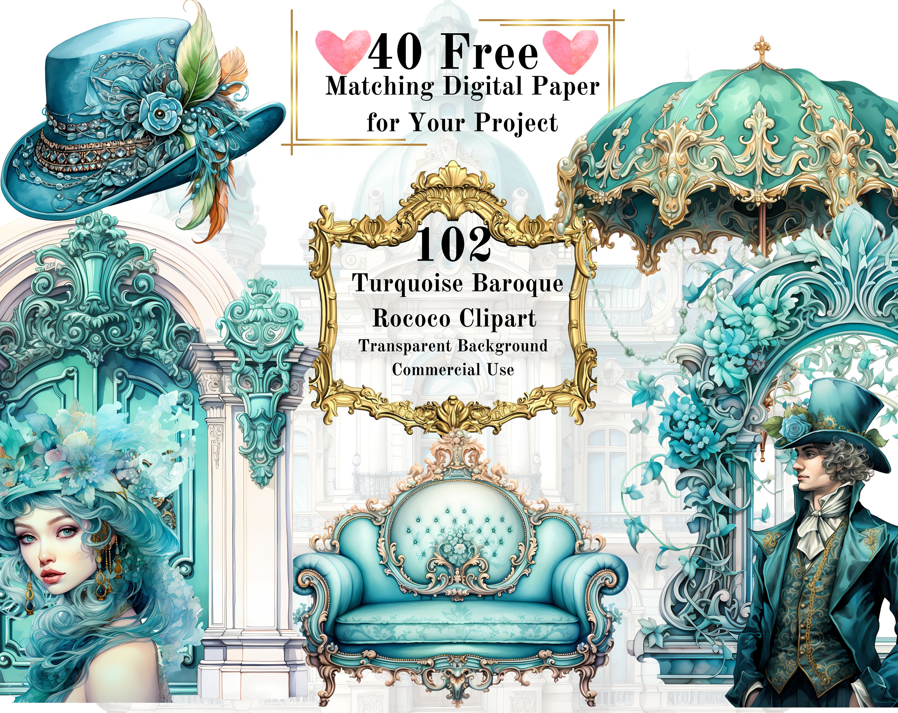 102 PNG Turquoise Baroque Rococo Watercolor Clipart: Baroque Blue ...
