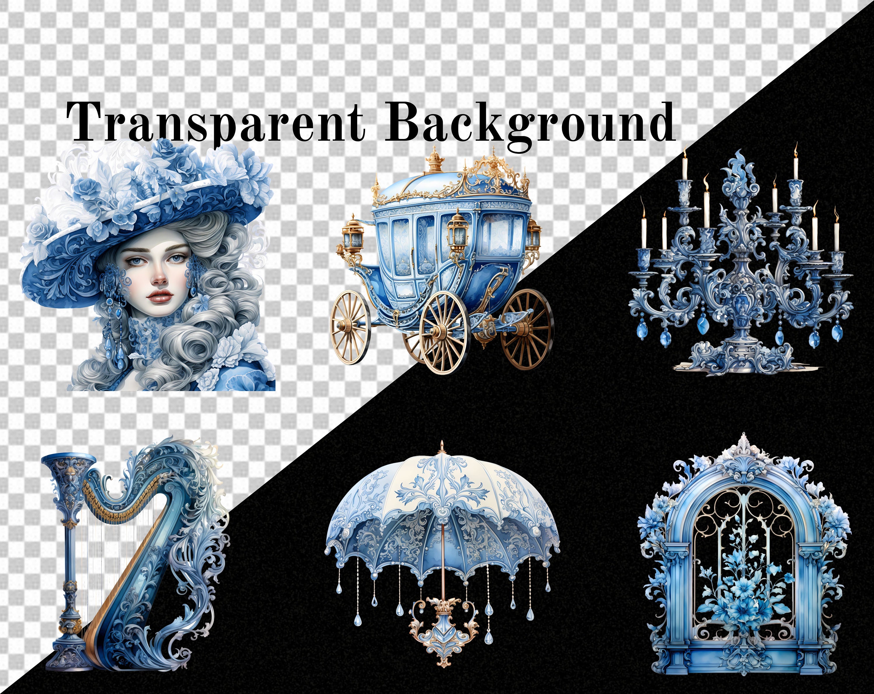105 PNG Blue Baroque Rococo Watercolor Clipart: Baroque Cerulean ...