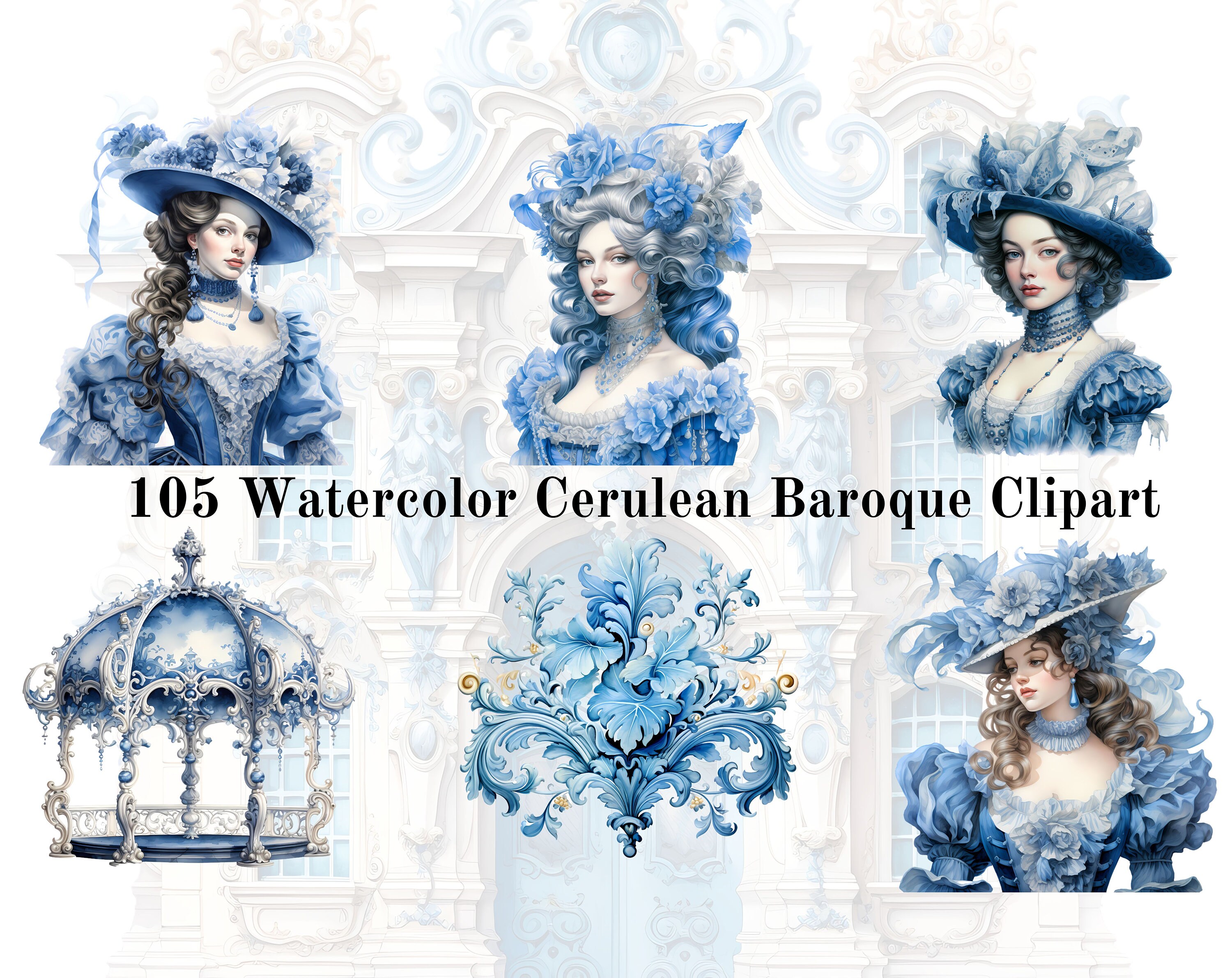 105 PNG Blue Baroque Rococo Watercolor Clipart: Baroque Cerulean ...