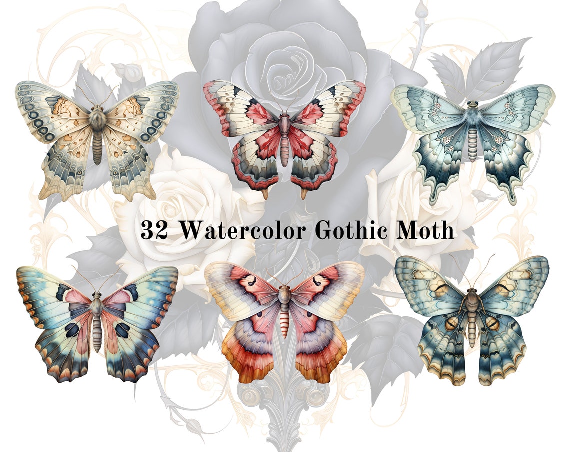 32 Gothic Moth Watercolor Clipart Bundle-watercolor Moth Dark PNG ...