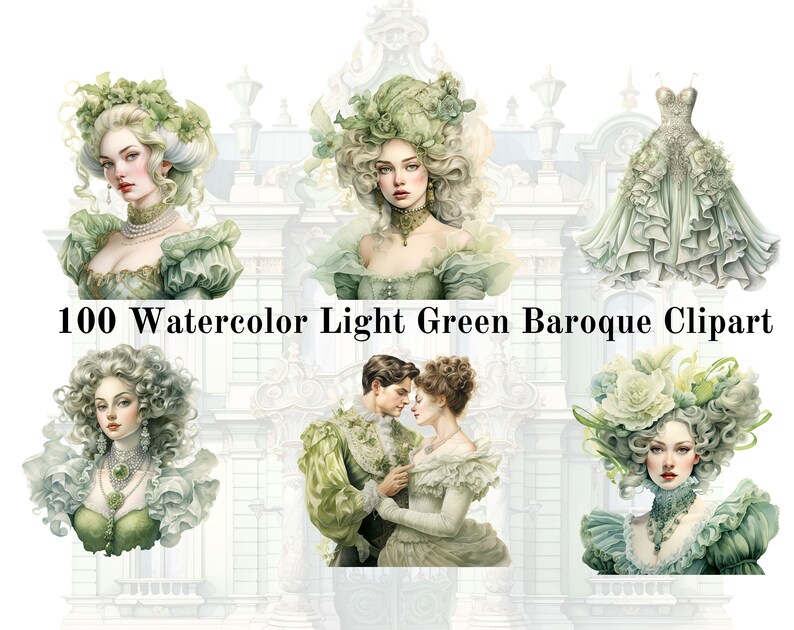 100 PNG Light Green Baroque Rococo Watercolor Clipart: Baroque Vintage ...