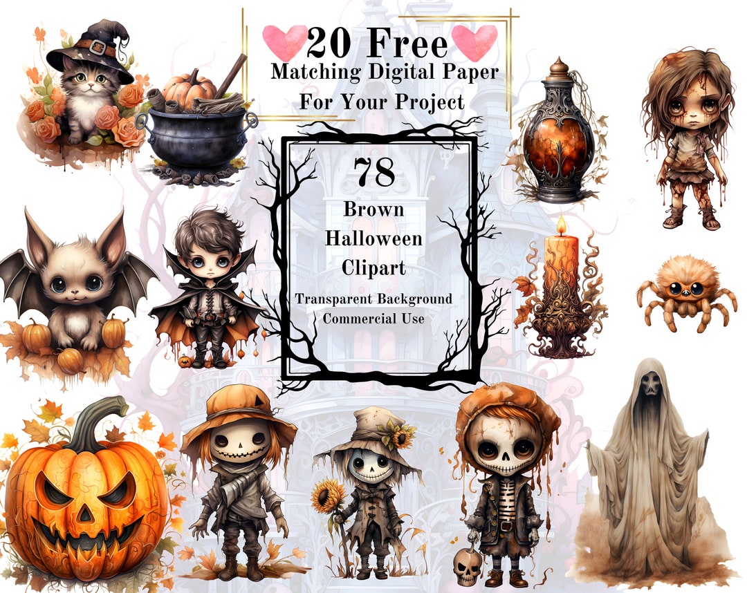 78 PNG Brown Halloween Watercolor Clipart Bundle: Junk Journal Cute ...