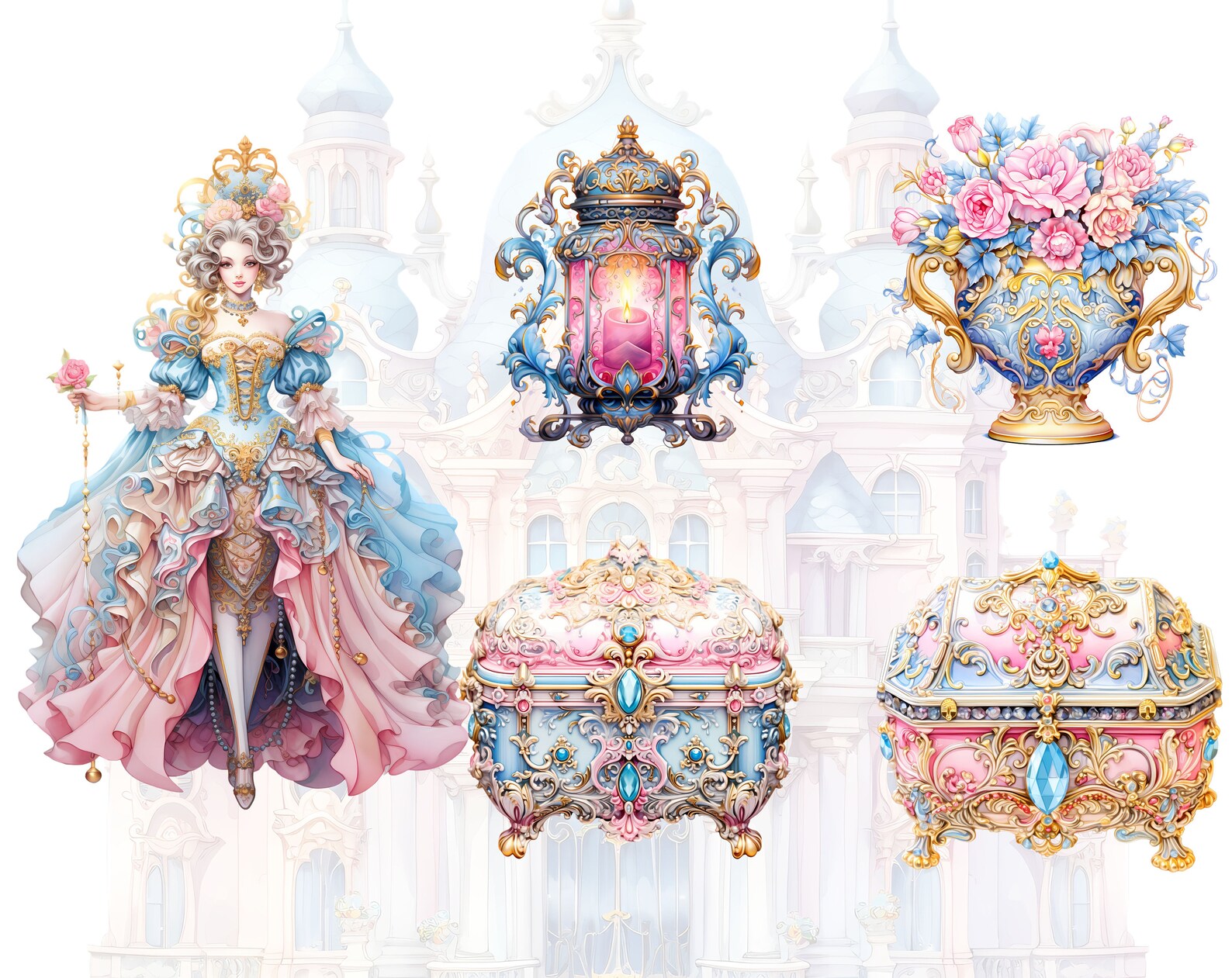 81 Pastel Baroque Watercolor Clipart Bundle –PNG Transparent Background ...
