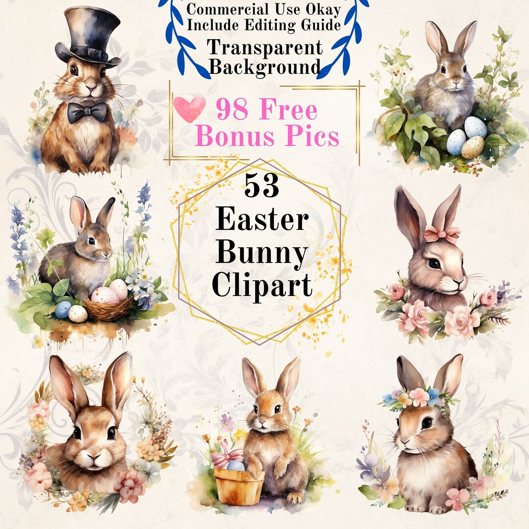 53 Easter Bunny Rabbit Watercolor Clipart: Digital Download Clipart ...