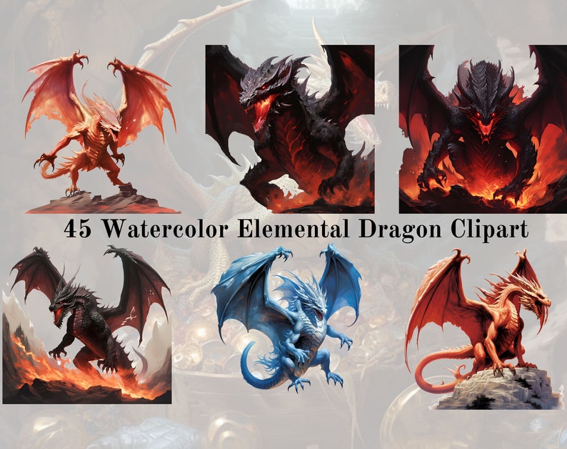 45 PNG Elemental Dragon Watercolor Clipart: Rainbow Color DND Dragon ...