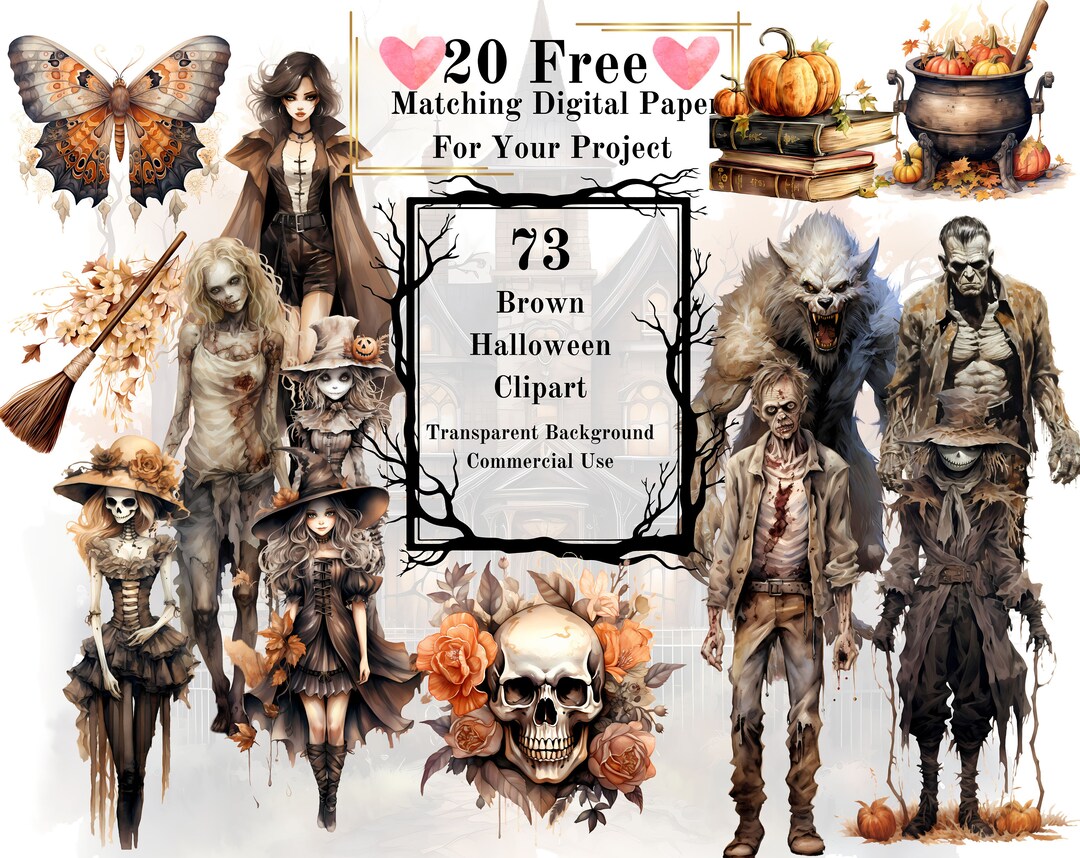 73 PNG Brown Halloween Watercolor Clipart Bundle: Junk Journal Spooky ...