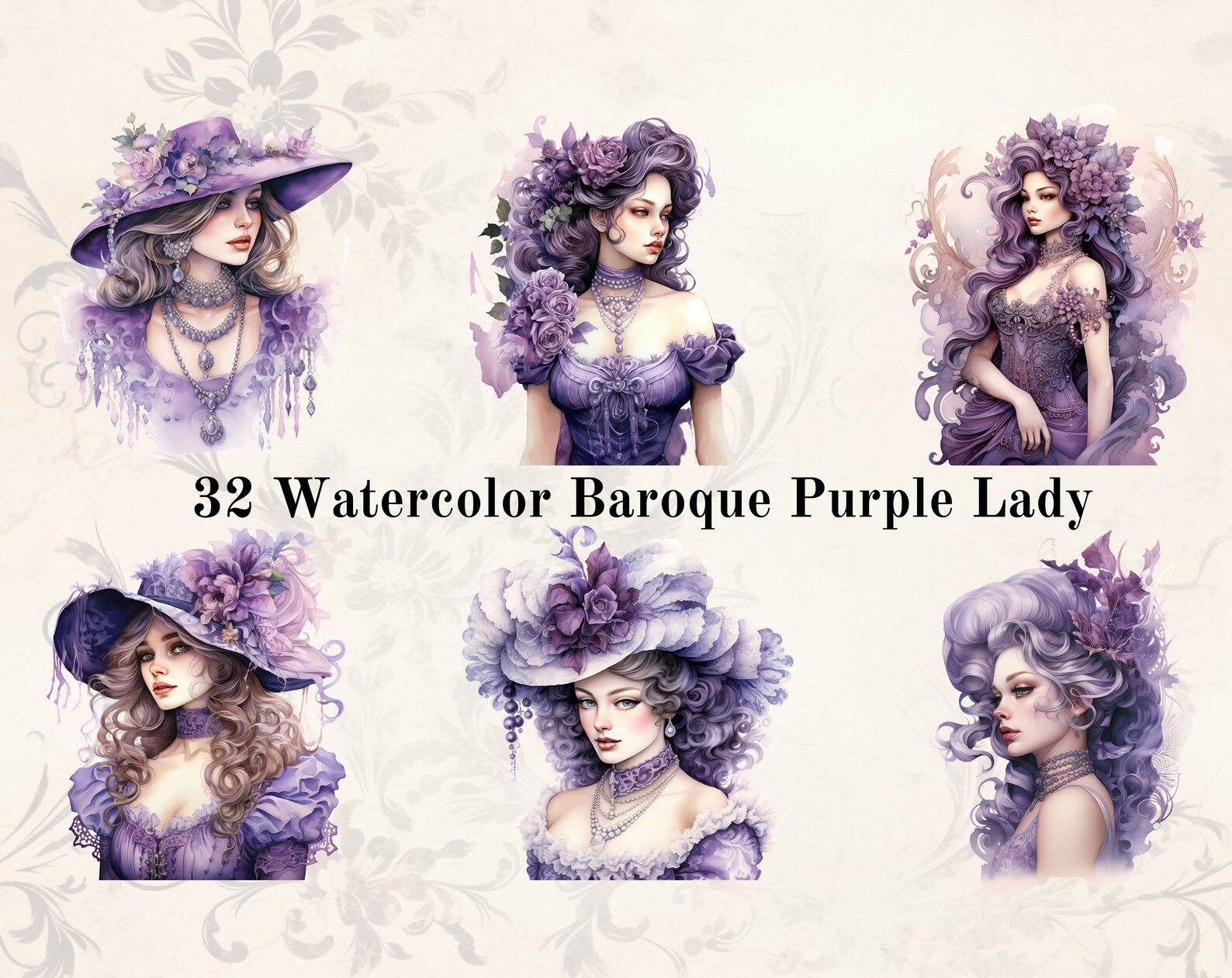 32 PNG Purple Baroque Lady Watercolor Clipart: Baroque Vintage Lady ...
