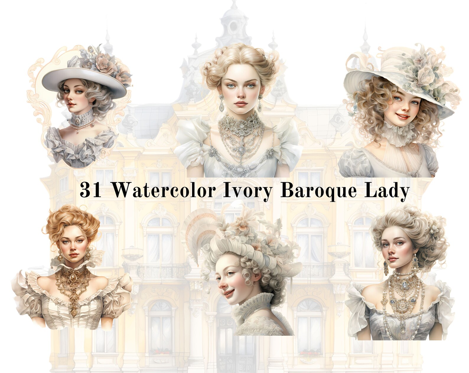 31 PNG Ivory Baroque Lady Watercolor Clipart: Baroque Rococo Vintage ...