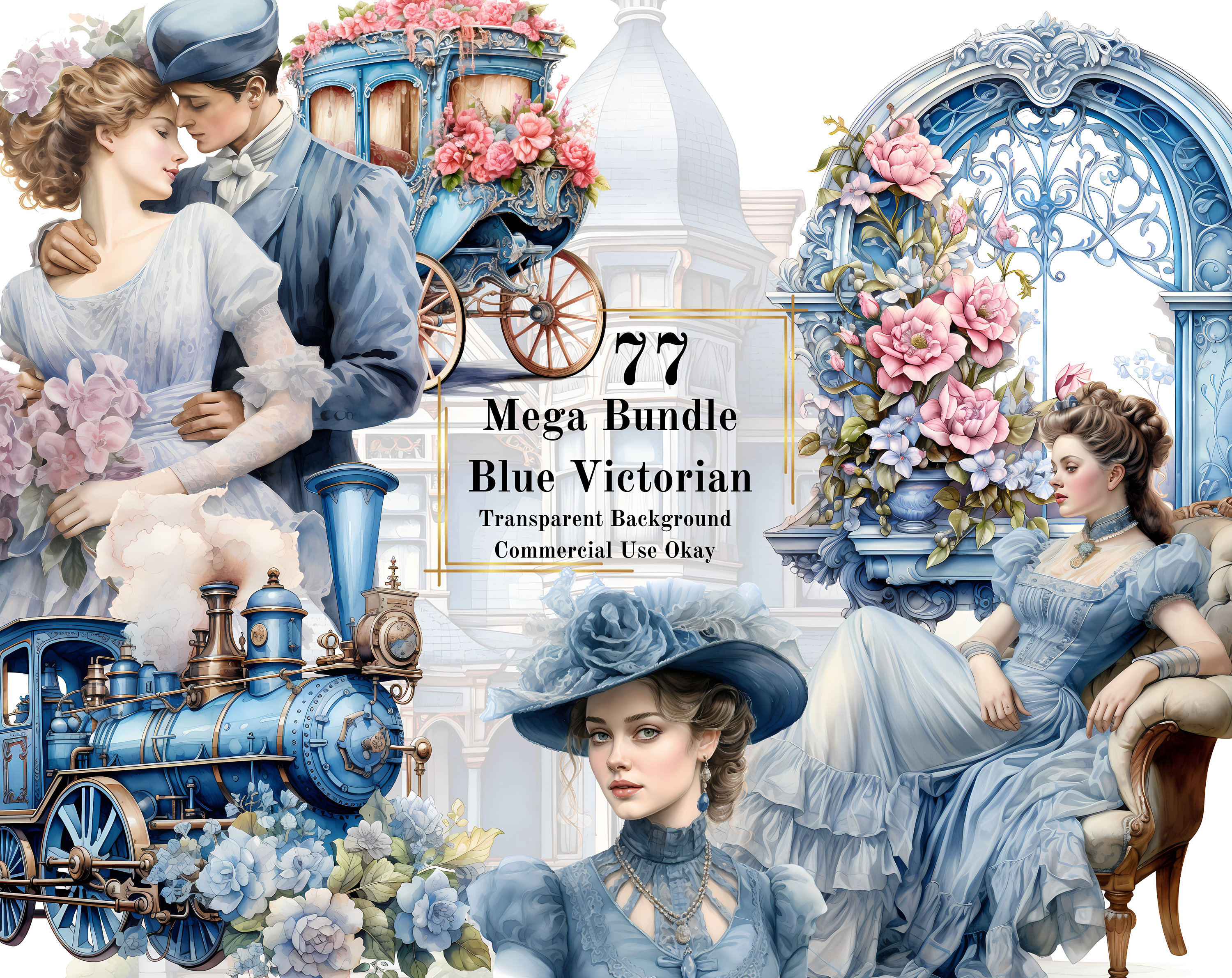 Blue Victorian Watercolor Clipart Bundle 77 PNG Transparent - Etsy