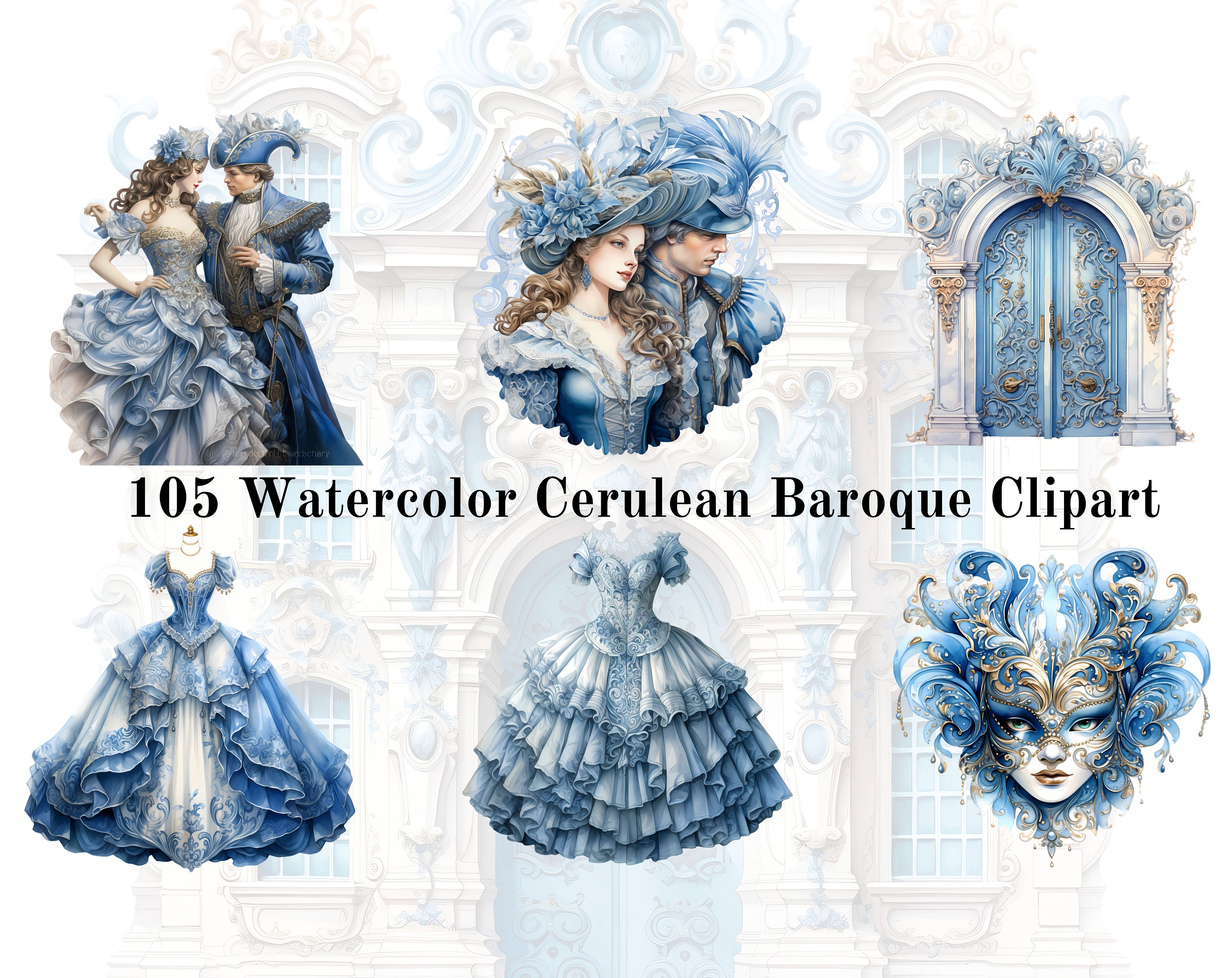 105 PNG Blue Baroque Rococo Watercolor Clipart: Baroque Cerulean ...