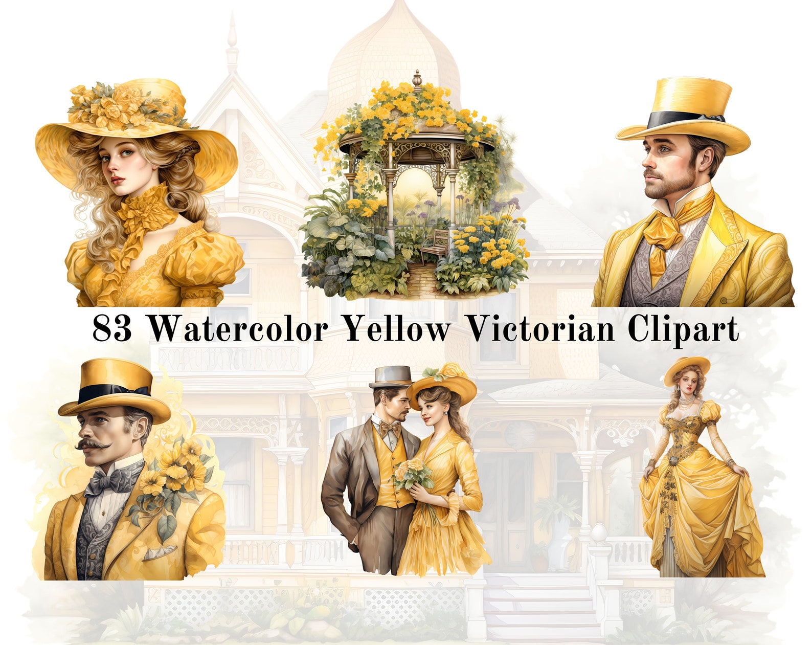 83 Yellow Victorian Watercolor Clipart Bundle –PNG Transparent ...