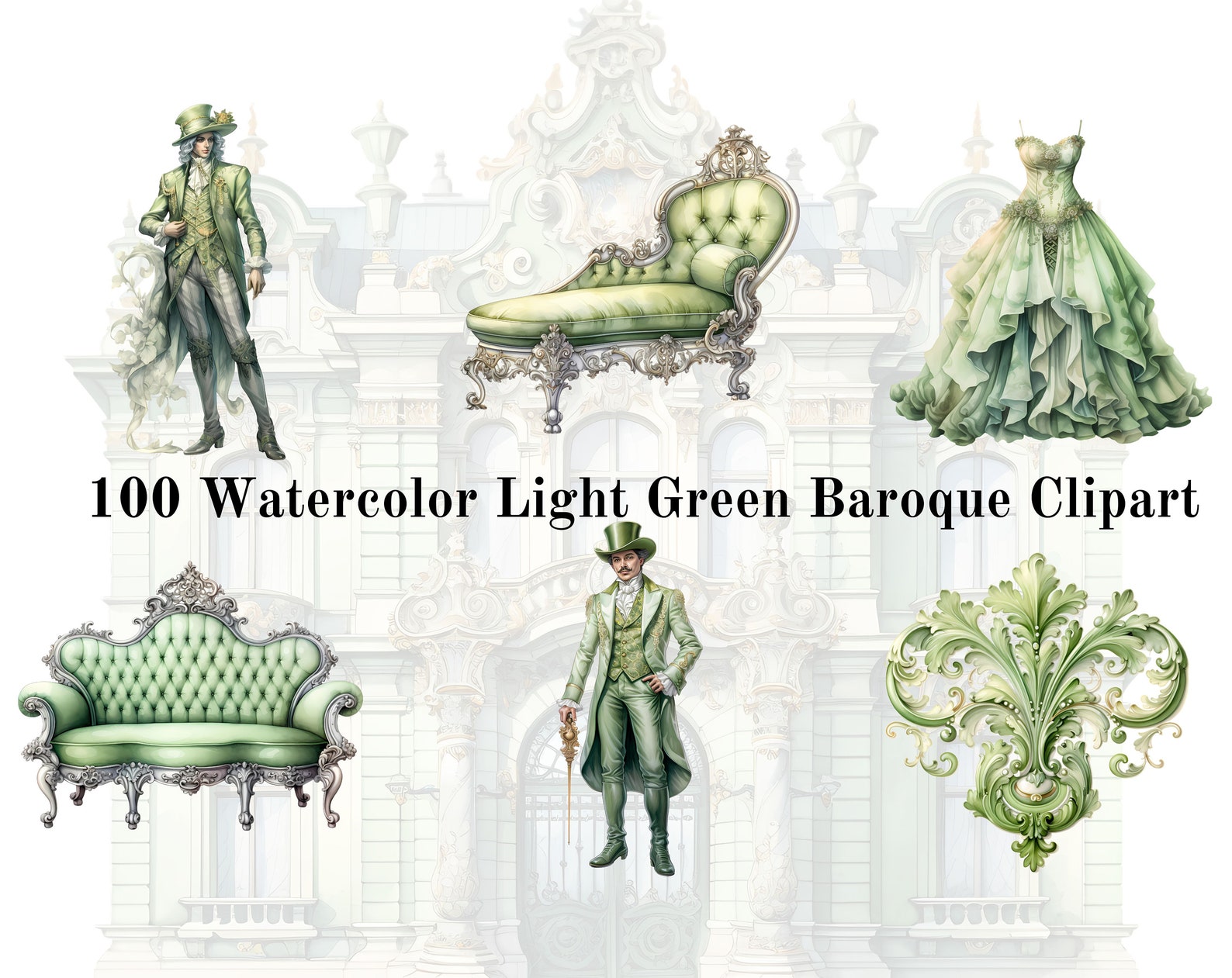 100 PNG Light Green Baroque Rococo Watercolor Clipart: Baroque Vintage ...