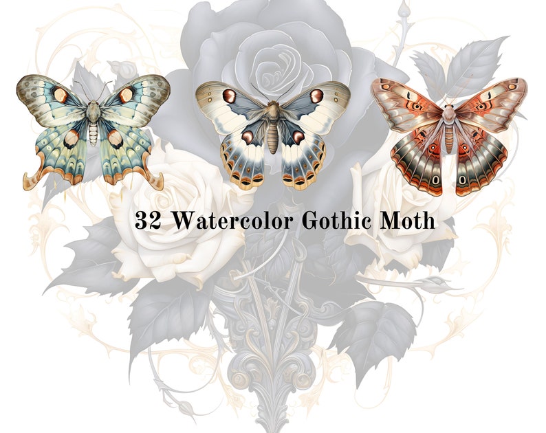 32 Gothic Moth Watercolor Clipart Bundle-watercolor Moth Dark PNG ...