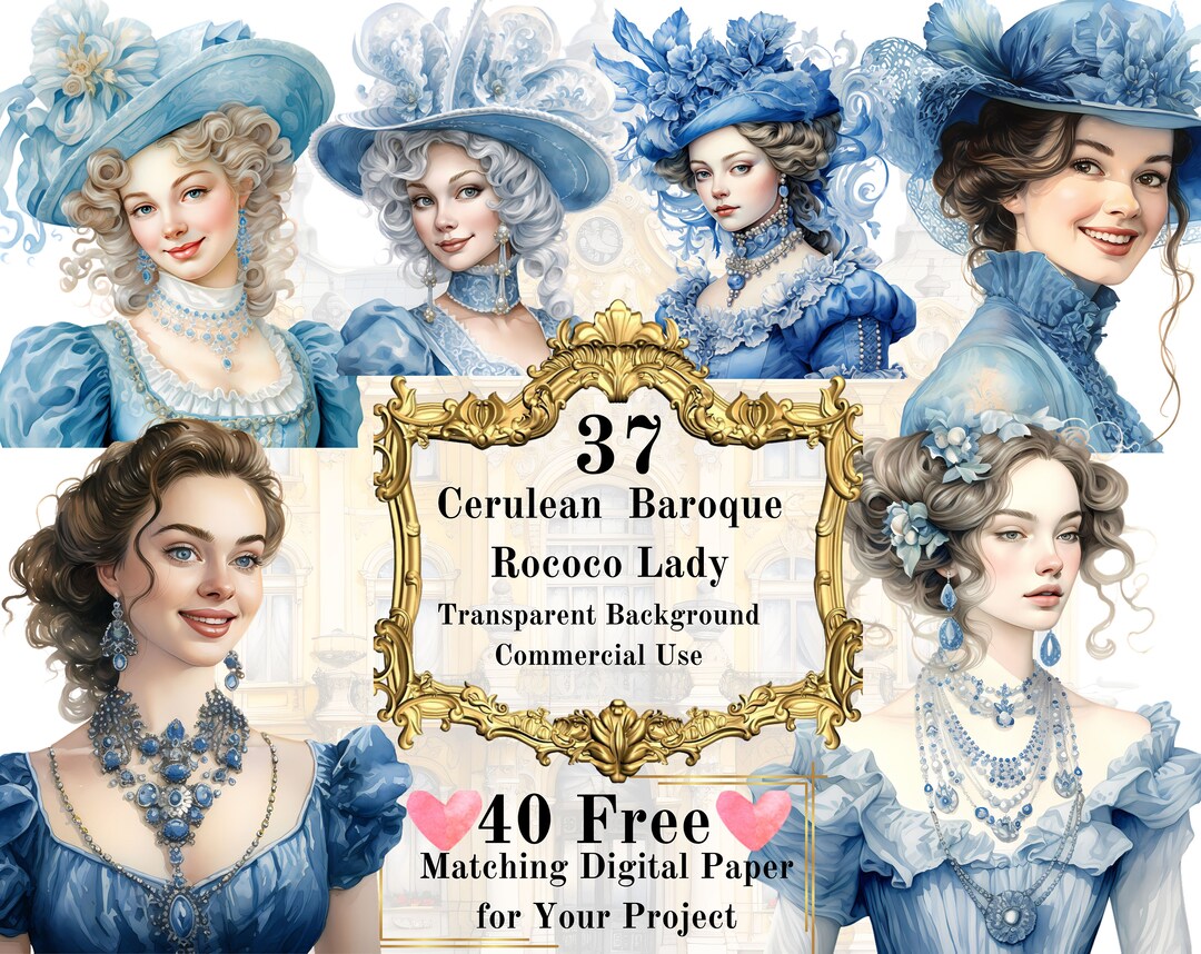 37 PNG Blue Baroque Lady Watercolor Clipart: Baroque Rococo Cerulean ...