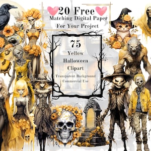 75 PNG Yellow Halloween Watercolor Clipart Bundle: Junk Journal Spooky ...