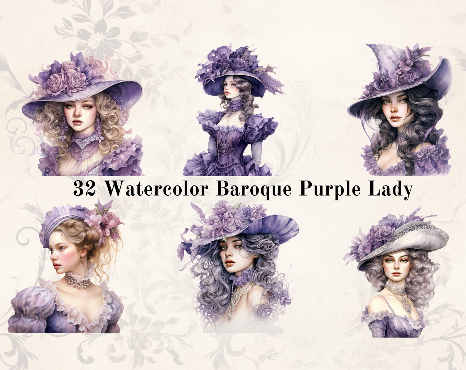 32 PNG Purple Baroque Lady Watercolor Clipart: Baroque Vintage Lady ...
