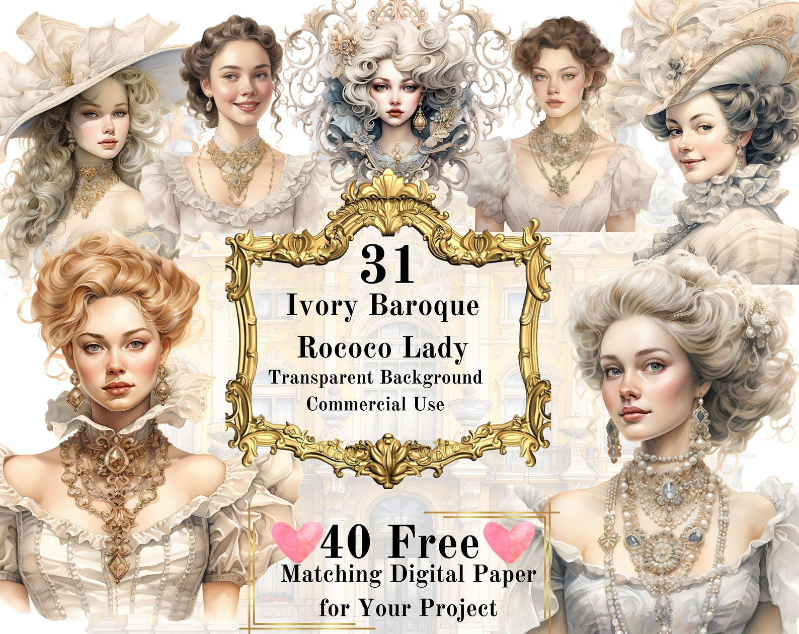 31 PNG Ivory Baroque Lady Watercolor Clipart: Baroque Rococo Vintage ...