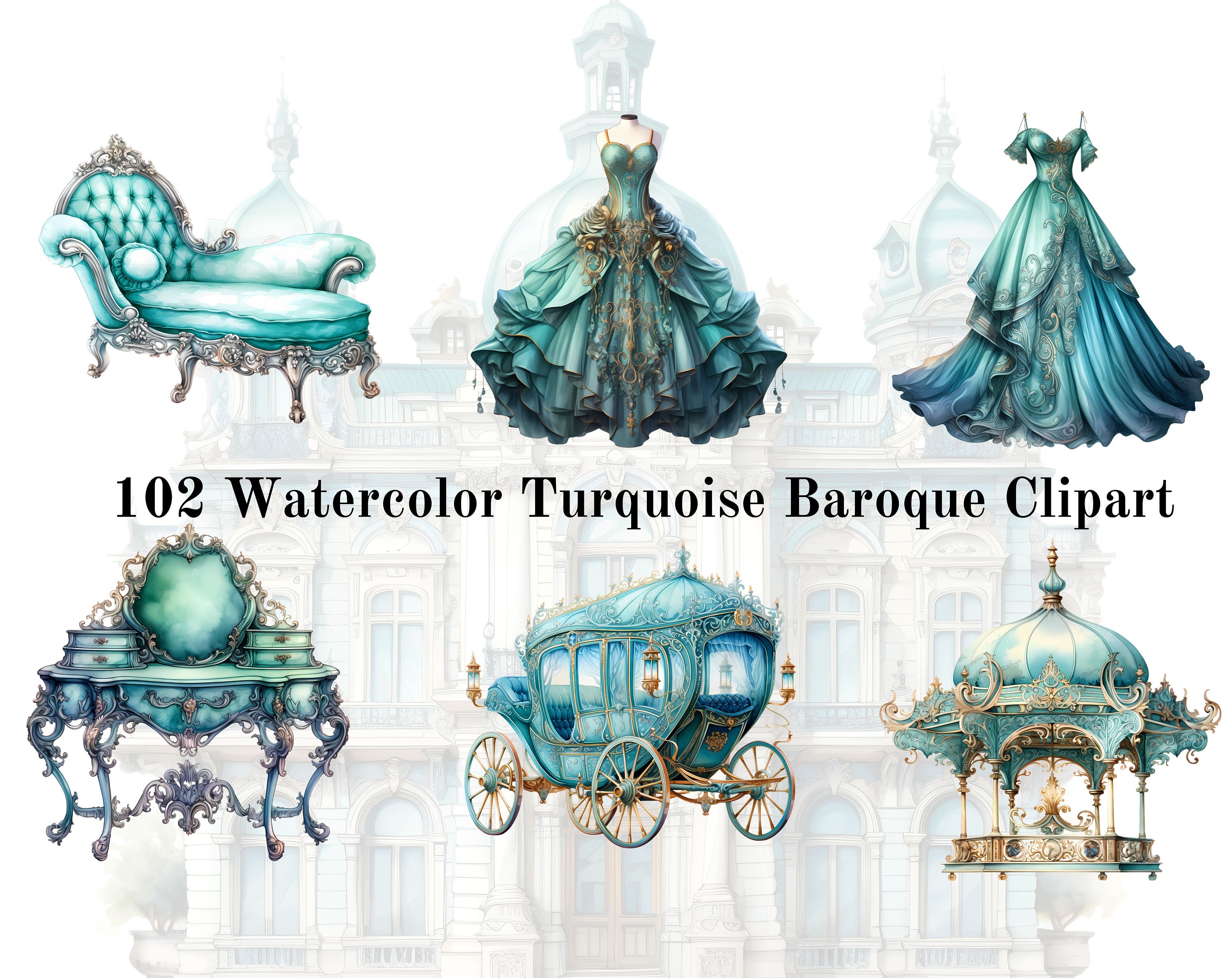 102 PNG Turquoise Baroque Rococo Watercolor Clipart: Baroque Blue ...