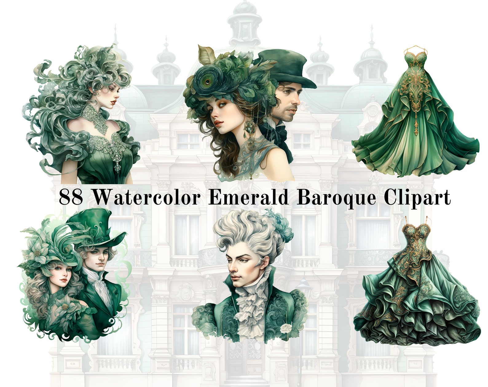 88 PNG Emerald Baroque Rococo Watercolor Clipart: Baroque Green Clipart ...