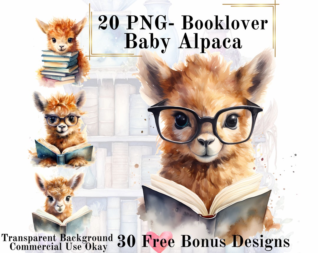 20 PNG Baby Alpaca Watercolor Booklover Clipart Bundle, Reading Alpaca ...