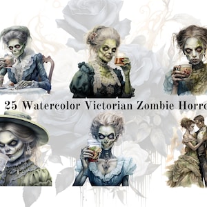 25 PNG Victorian Zombie Watercolor Clipart: Victorian Zombie Horror Clipart Bundle Scrapbooking ...