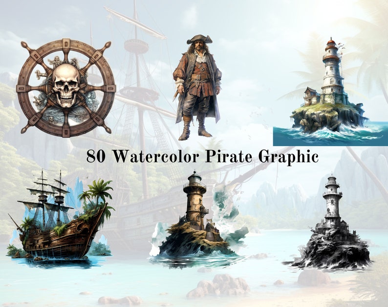 80 Pirate Watercolor Clipart Bundle-watercolor Age of Sea PNG ...