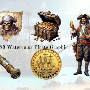 80 Pirate Watercolor Clipart Bundle-watercolor Age of Sea PNG ...