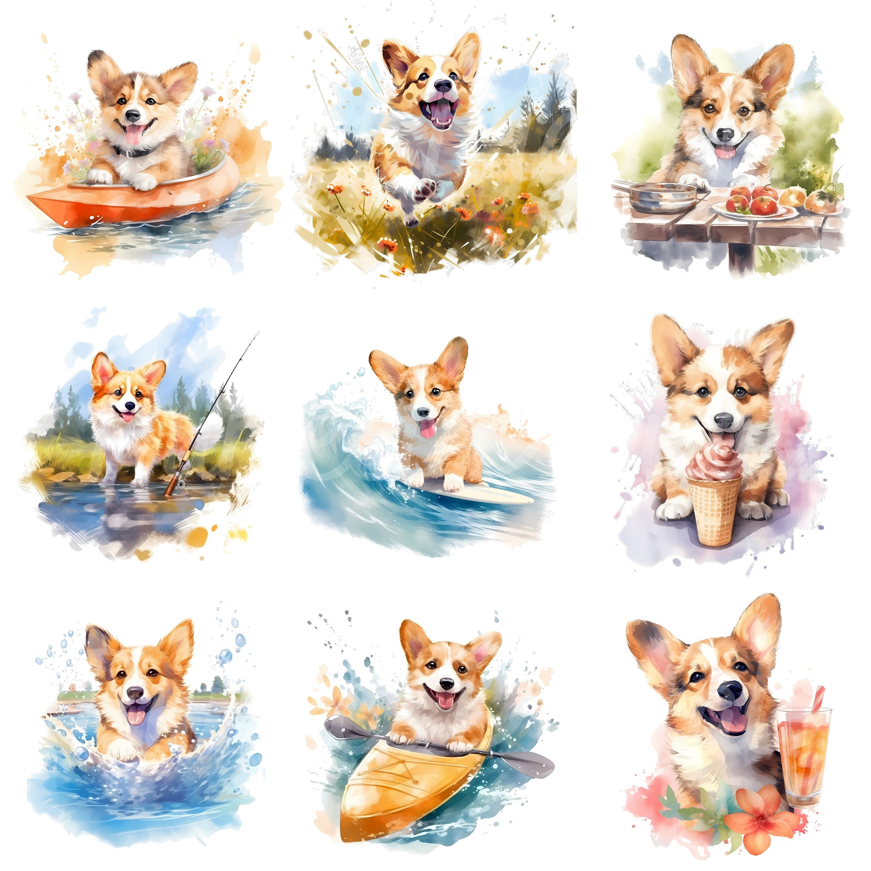 31 Corgi Puppy Watercolor Summer Adventure Time Watercolor Puppy ...