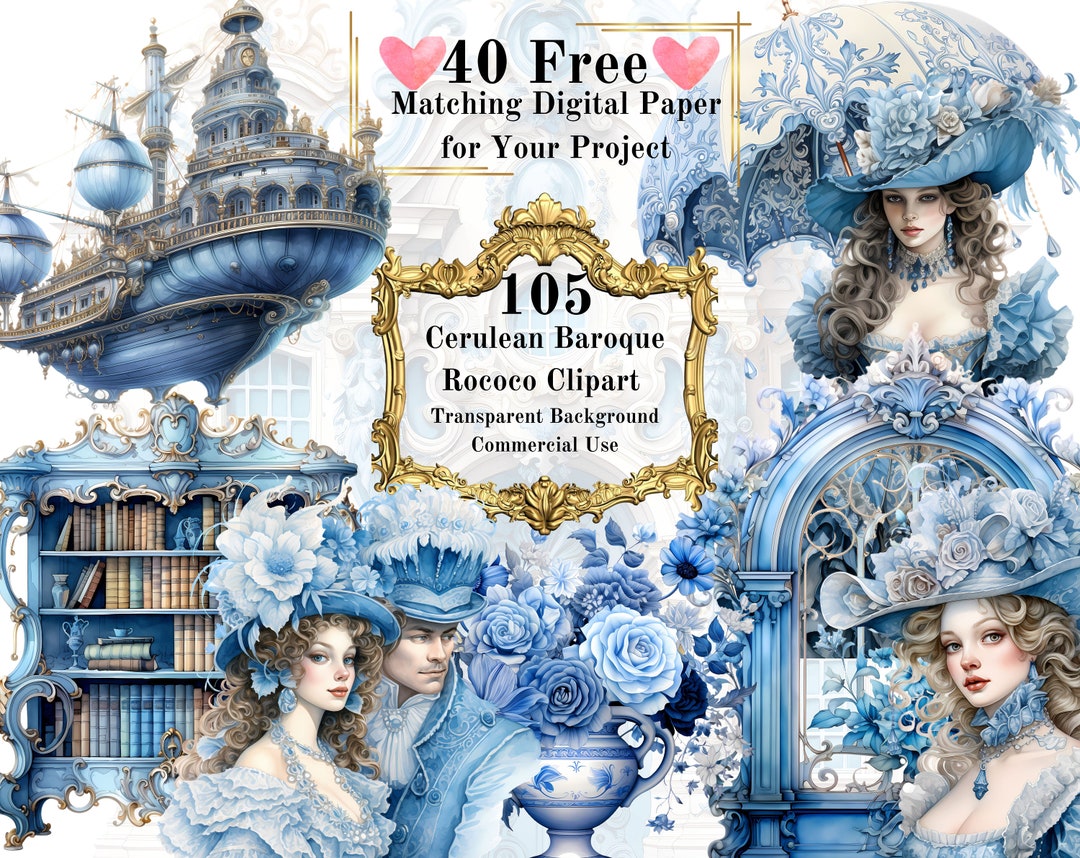 105 PNG Blue Baroque Rococo Watercolor Clipart: Baroque Cerulean ...