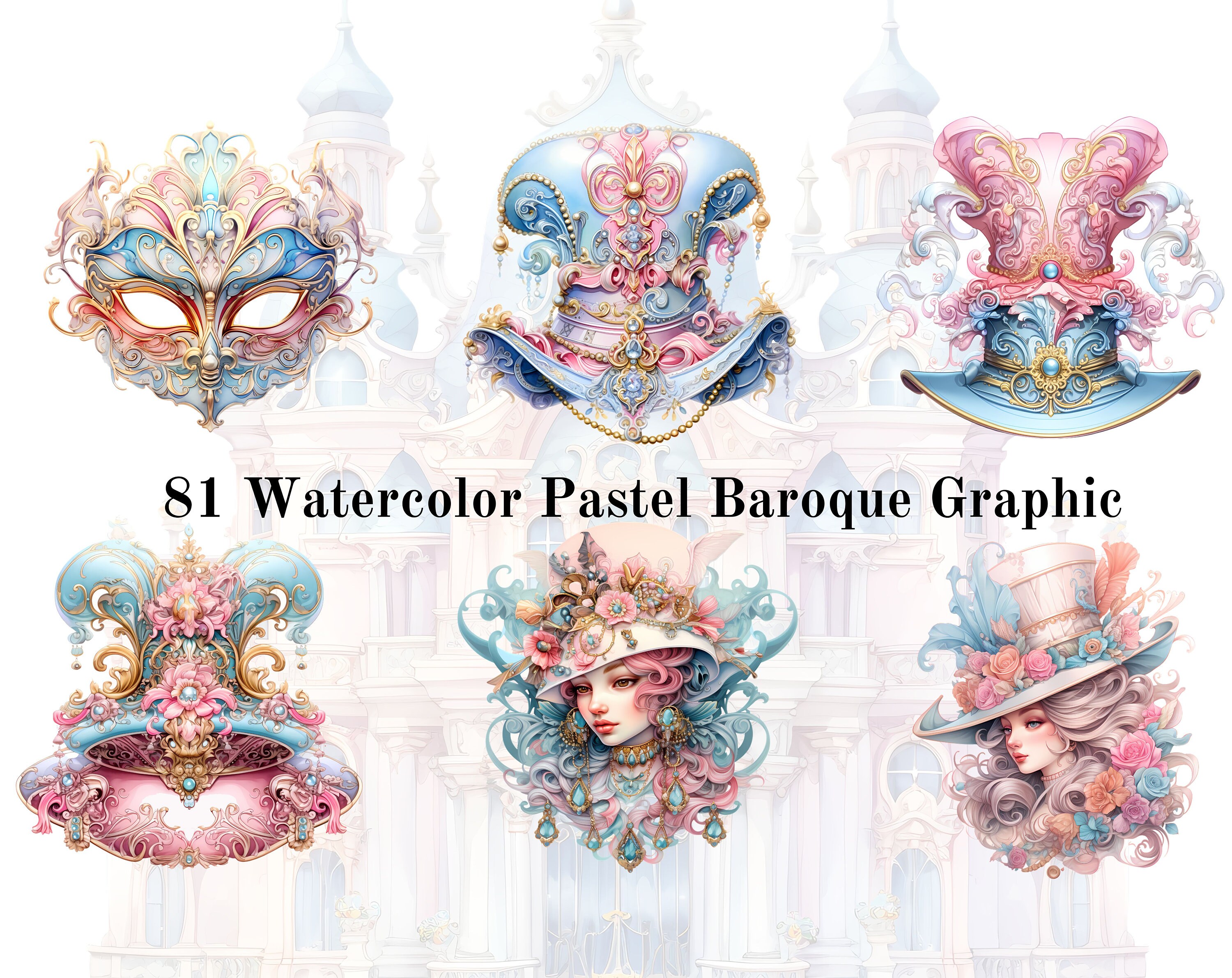 81 Pastel Baroque Watercolor Clipart Bundle –PNG Transparent Background ...
