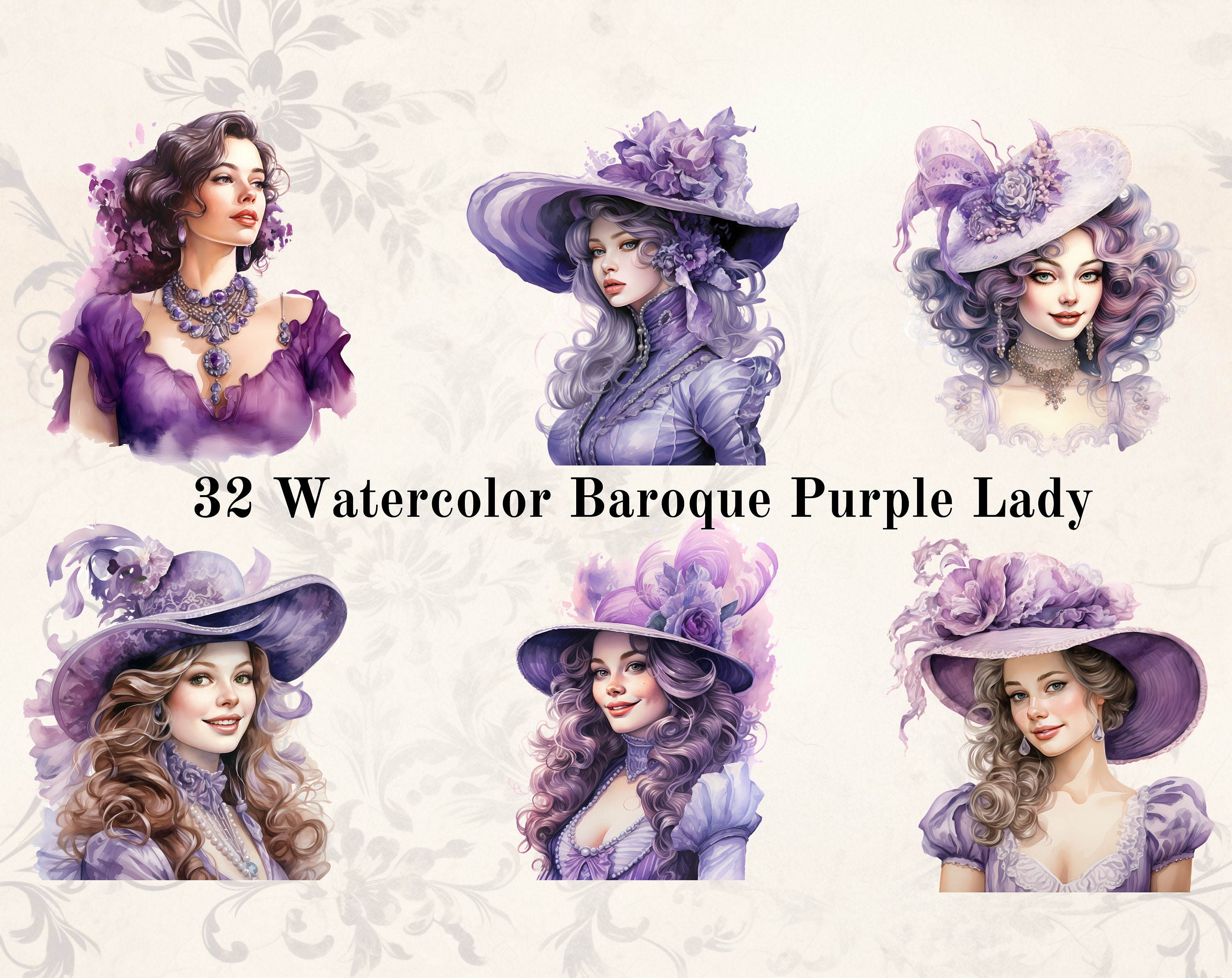 32 PNG Purple Baroque Lady Watercolor Clipart: Baroque Vintage Lady ...