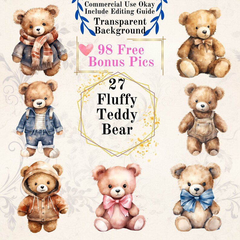 27 Fluffy Teddy Bear Watercolor Clipart: Digital Download Clipart Dog ...