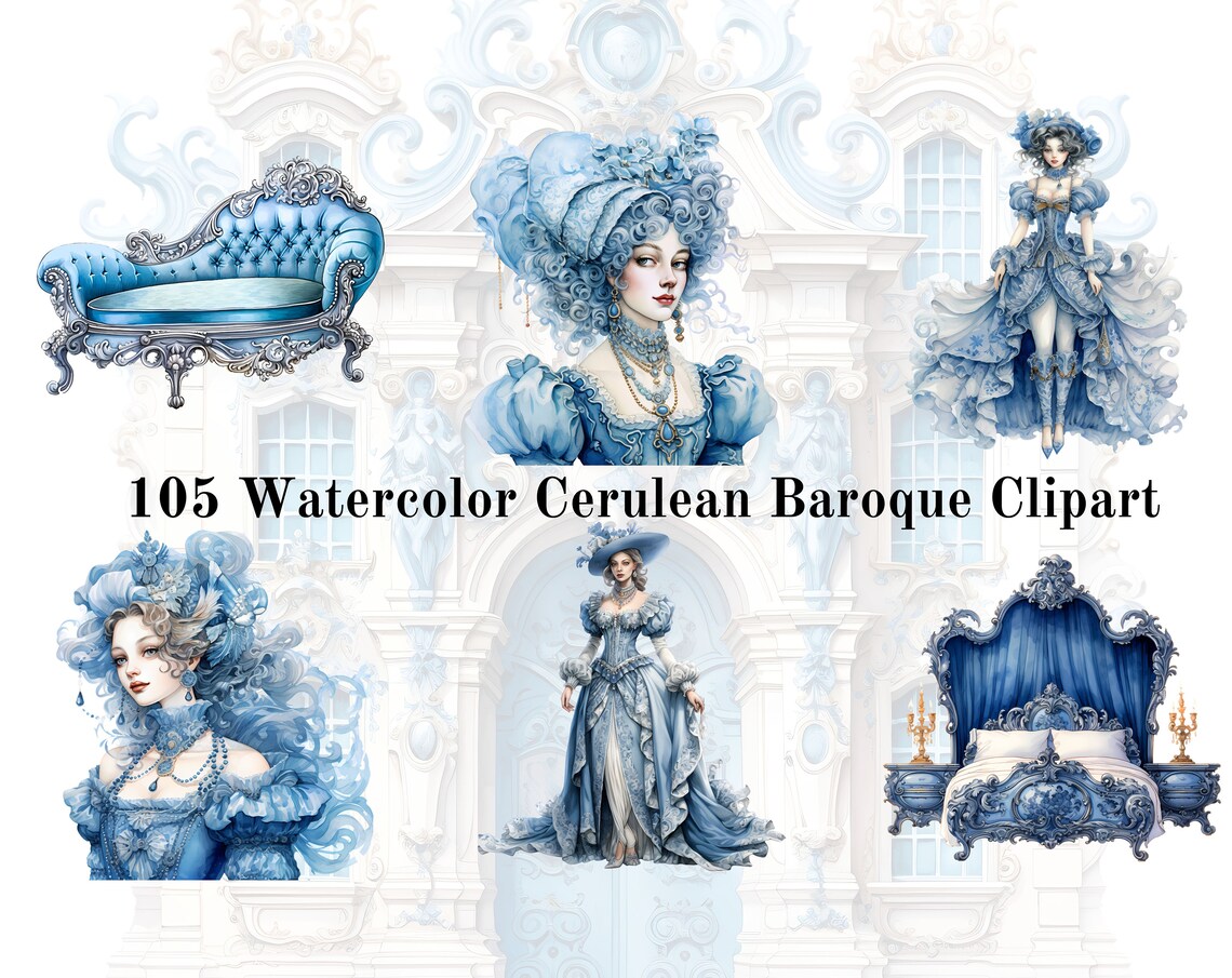 105 PNG Blue Baroque Rococo Watercolor Clipart: Baroque Cerulean ...