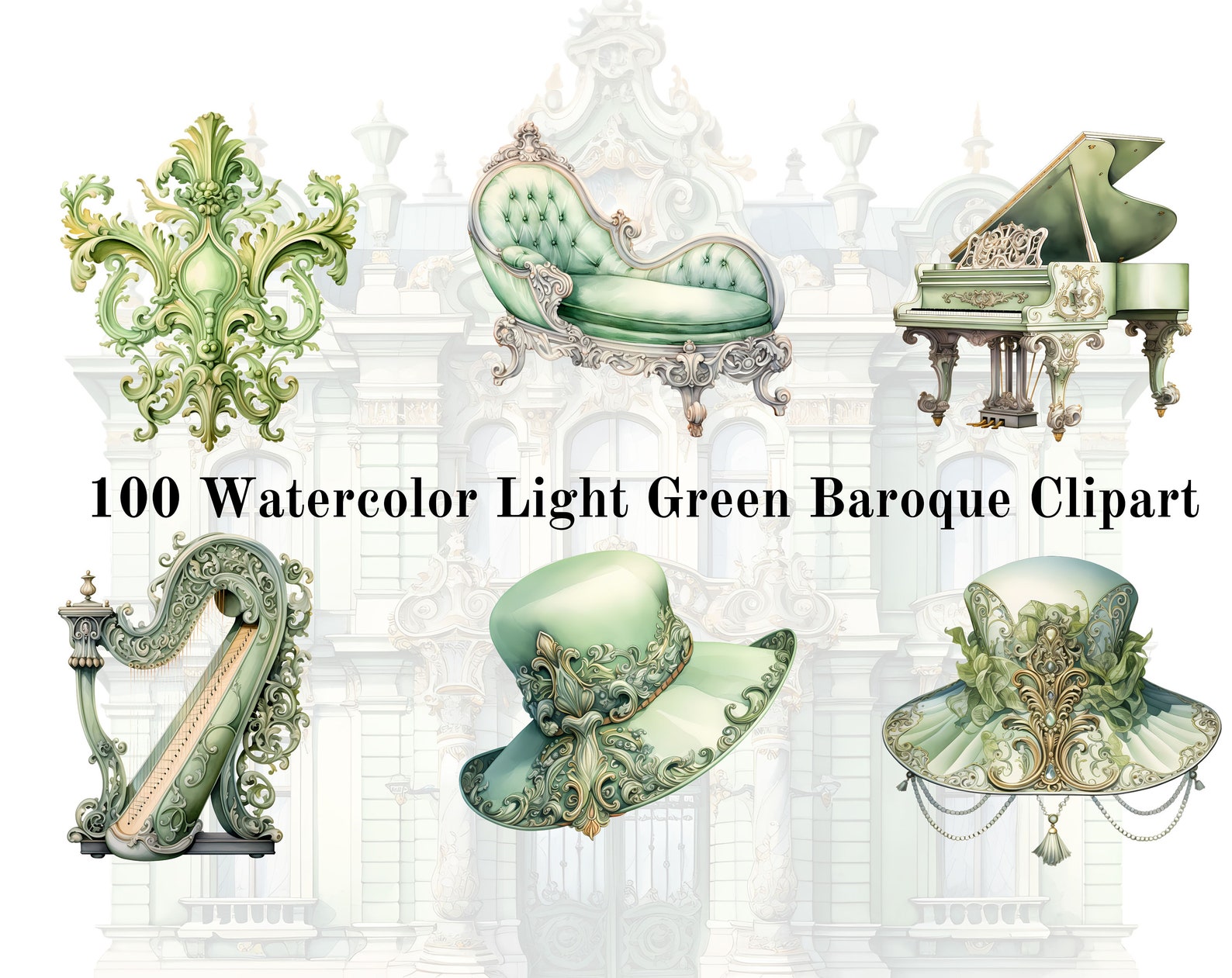 100 PNG Light Green Baroque Rococo Watercolor Clipart: Baroque Vintage ...