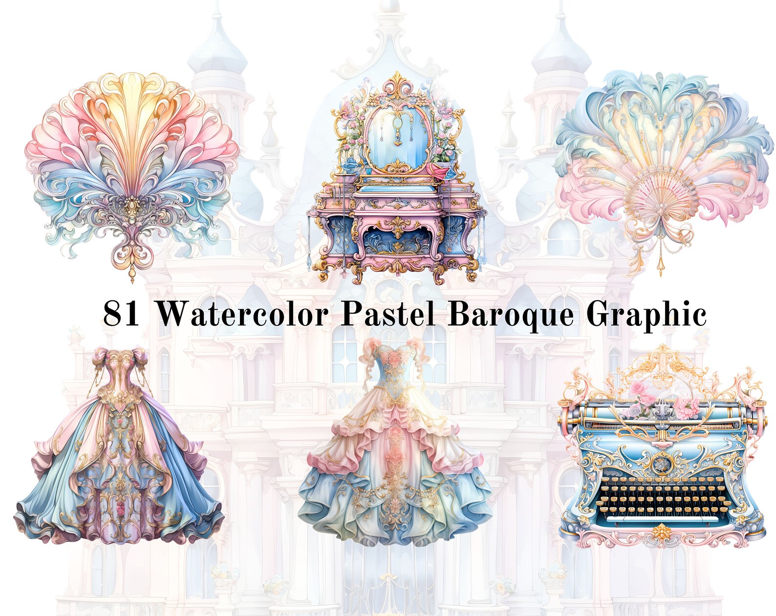 81 Pastel Baroque Watercolor Clipart Bundle –PNG Transparent Background ...