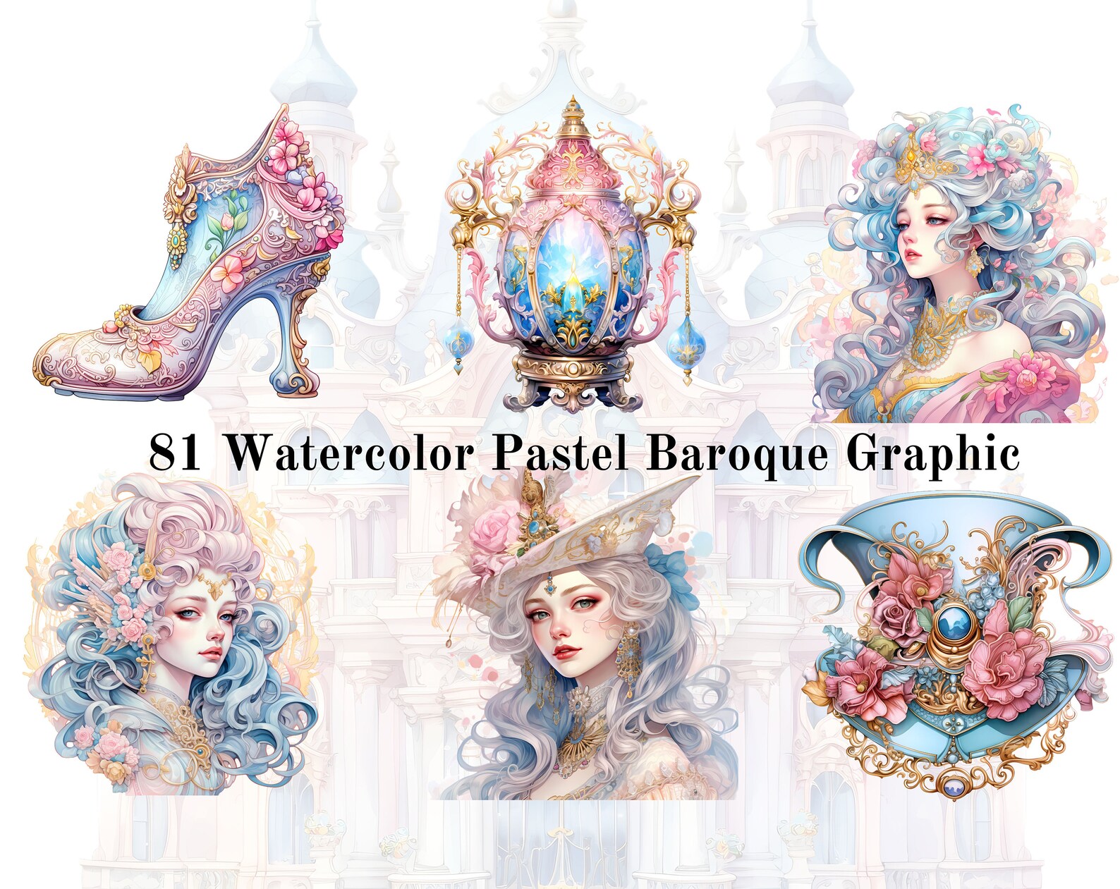 81 Pastel Baroque Watercolor Clipart Bundle –PNG Transparent Background ...