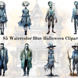 85 PNG Blue Halloween Watercolor Clipart Bundle: Junk Journal Spooky ...