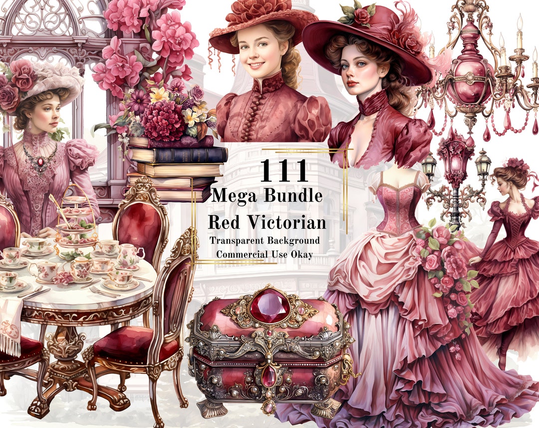 111 Burgundy Victorian Watercolor Clipart Bundle –PNG Transparent ...
