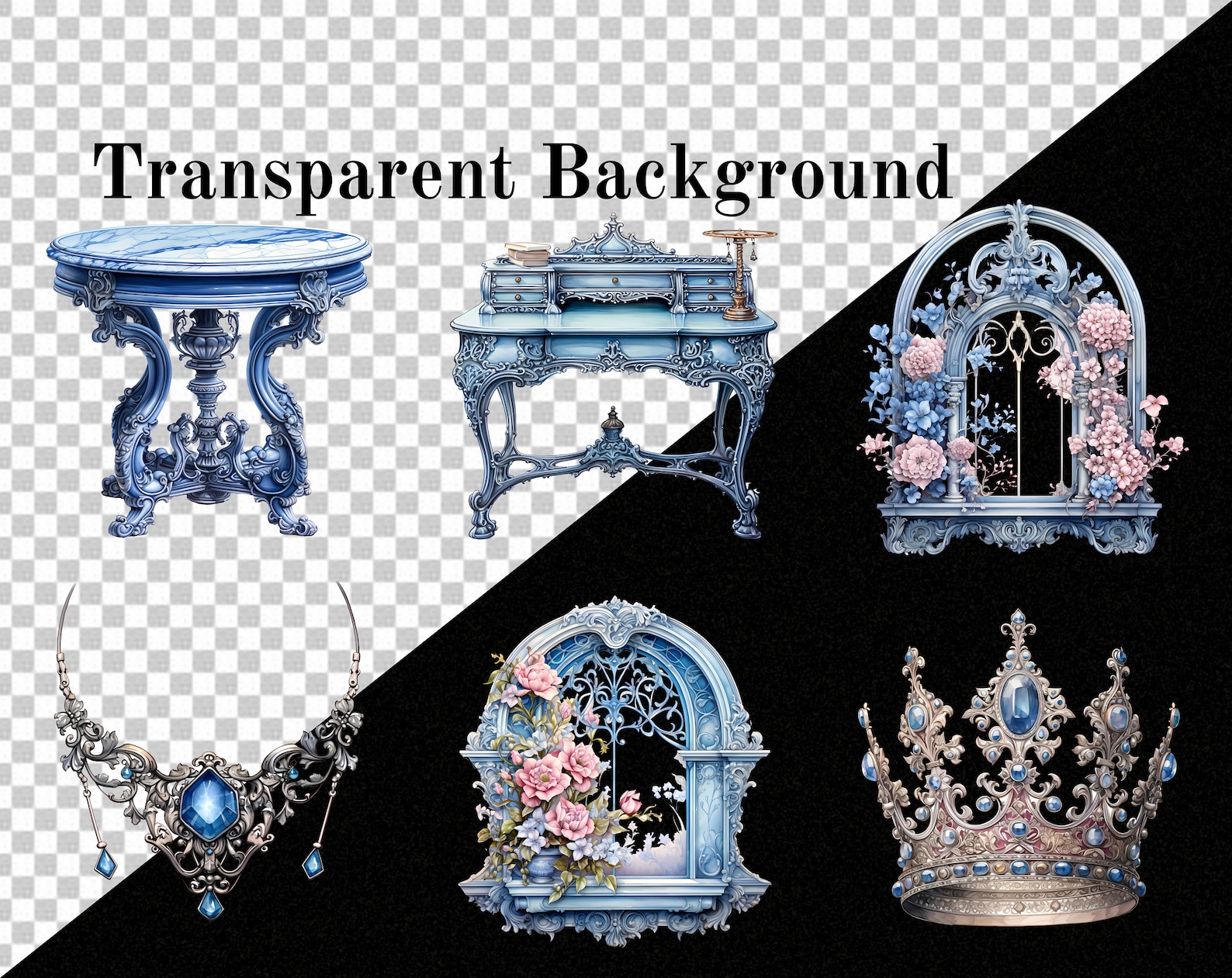 Blue Victorian Watercolor Clipart Bundle – 77 PNG Transparent ...