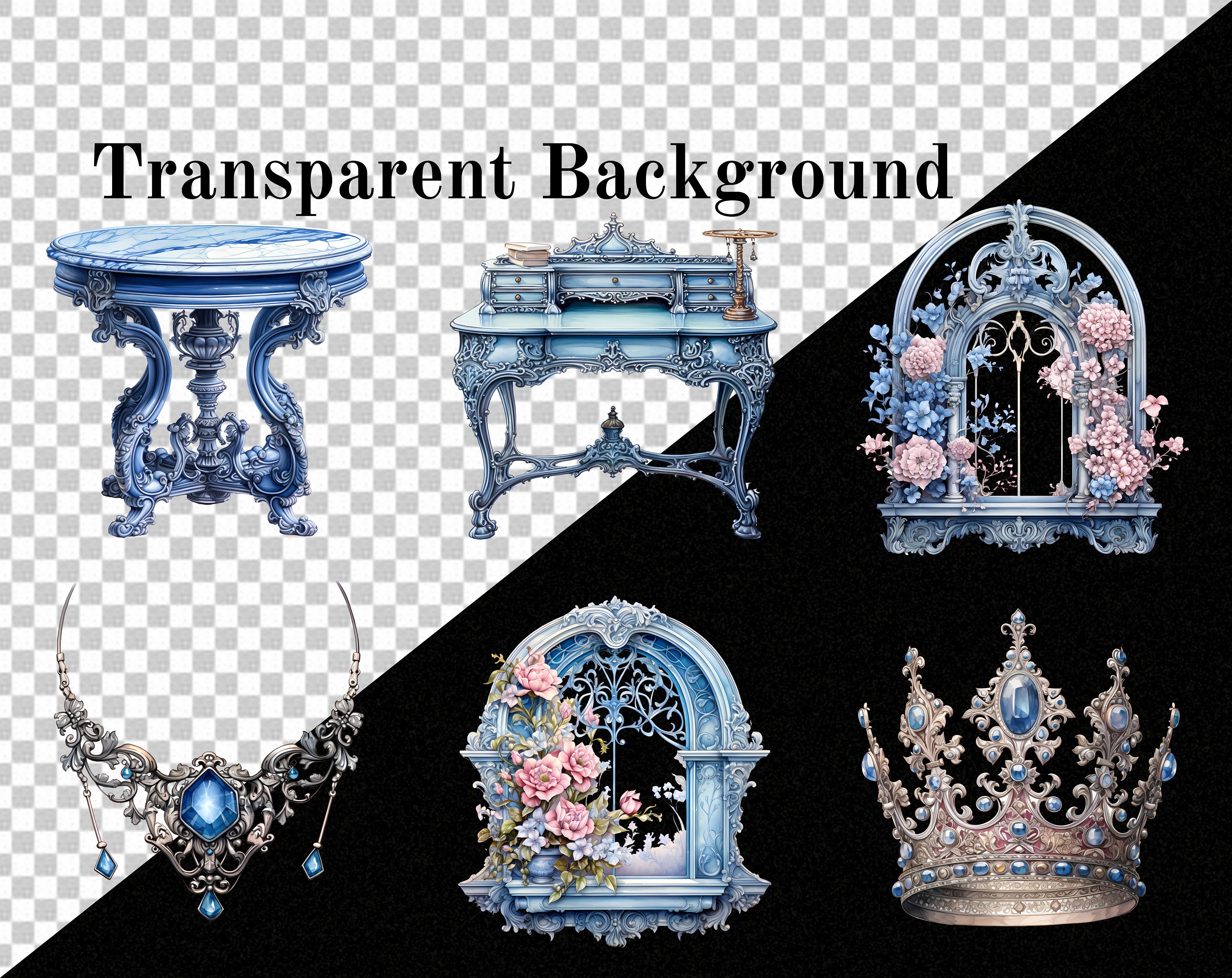 Blue Victorian Watercolor Clipart Bundle 77 PNG Transparent - Etsy