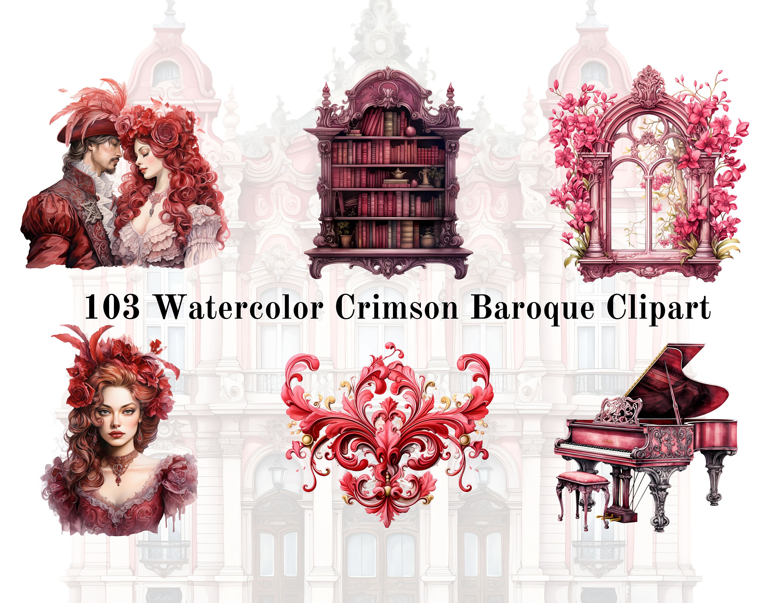 103 PNG Crimson Baroque Rococo Watercolor Clipart: Baroque Red Clipart ...