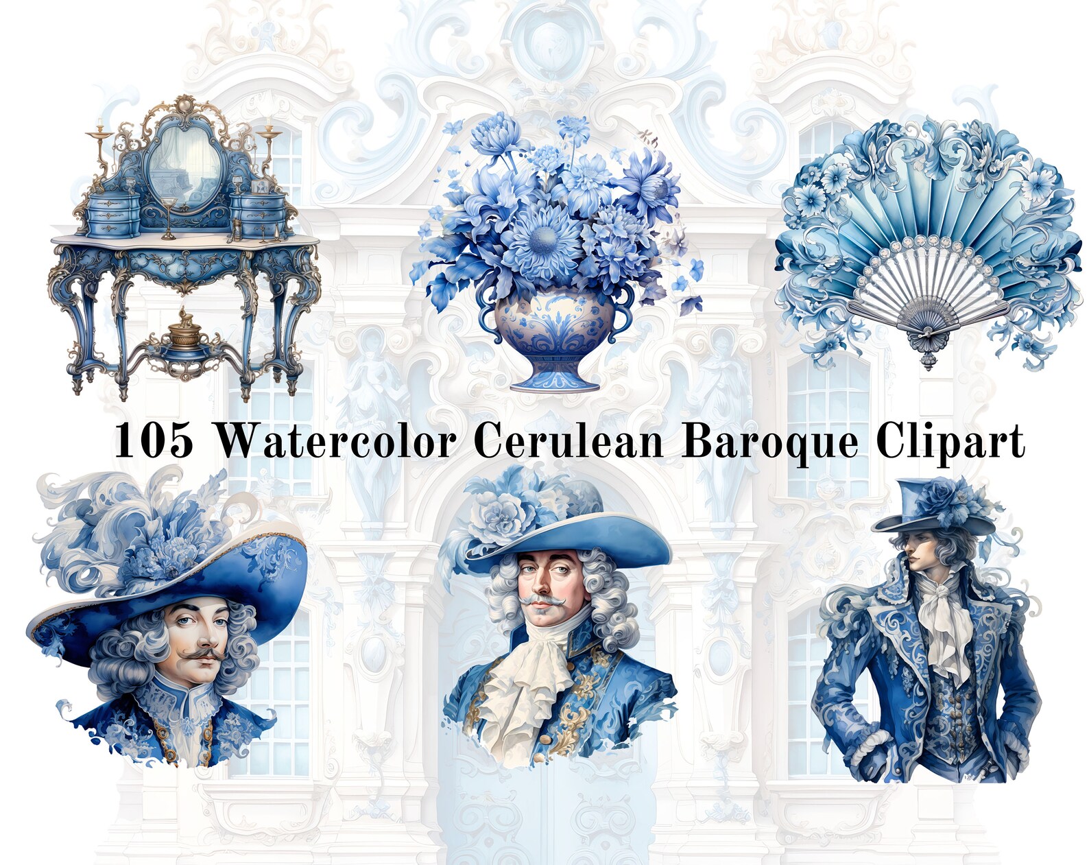 105 PNG Blue Baroque Rococo Watercolor Clipart: Baroque Cerulean ...